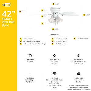 Inlight 42" Classic Flush Mount Ceiling Fan with Pull Chain and 3 Lights, 5 Wood Blades and 3 Speed Reversible Motor, Hugger Ceiling Fan for Small Rooms or Low Ceilings, White Finish, IN-0704-1-WH