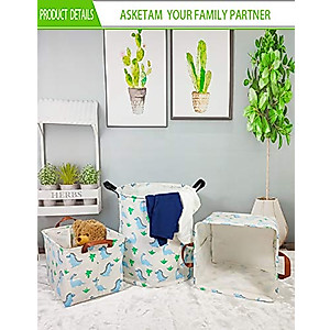 ASKETAM Fabric Laundry Basket Canvas Laundry Hamper for Dirty Clothes Toy Organizer Kid Nursery Room Decor Basket (Blue dinosaur)