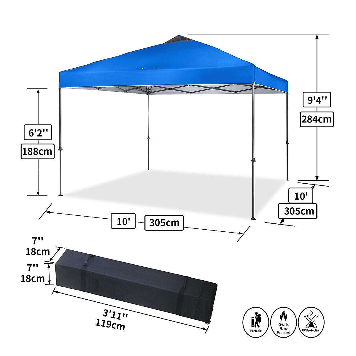 Crown Shades 10 x 10 Foot Adjustable Outdoor Instant Pop Up Tent Portable Waterproof Folding Camping Beach Shade Canopy Shelter with Carry Bag, Blue