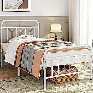 Topeakmart Twin Size Vintage Metal Bed Frame with Headboard/Mattress Foundation/No Box Spring Needed/Under Bed Storage/Strong Slat Support White