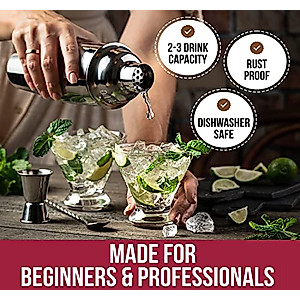 24oz Cocktail Shaker Set Bartender Kit with 2 Stemless Martini Glasses - The Perfect Mixology Home Bar Set Gift - Large Drink Mixer and Bar Accessories: Jigger, Bar Spoon and Martini Glasses - Cresimo