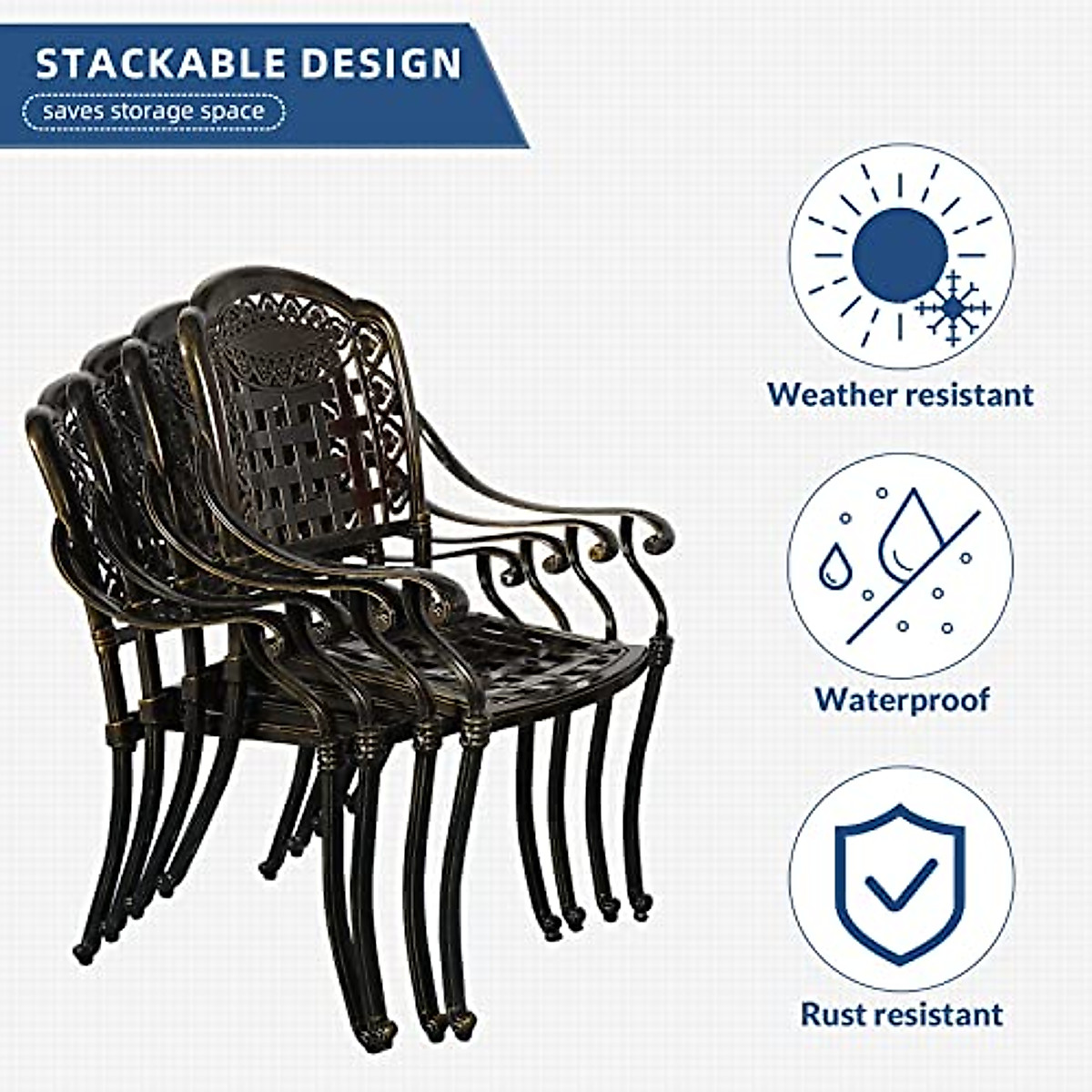 ONLYEAH 5 Pieces Outdoor Furniture Dining Set, All-Weather Cast Aluminum Round Patio Table with Umbrella Hole and 4 Cushioned Dining Chairs for Patio Garden Deck, Retro Pattern Design