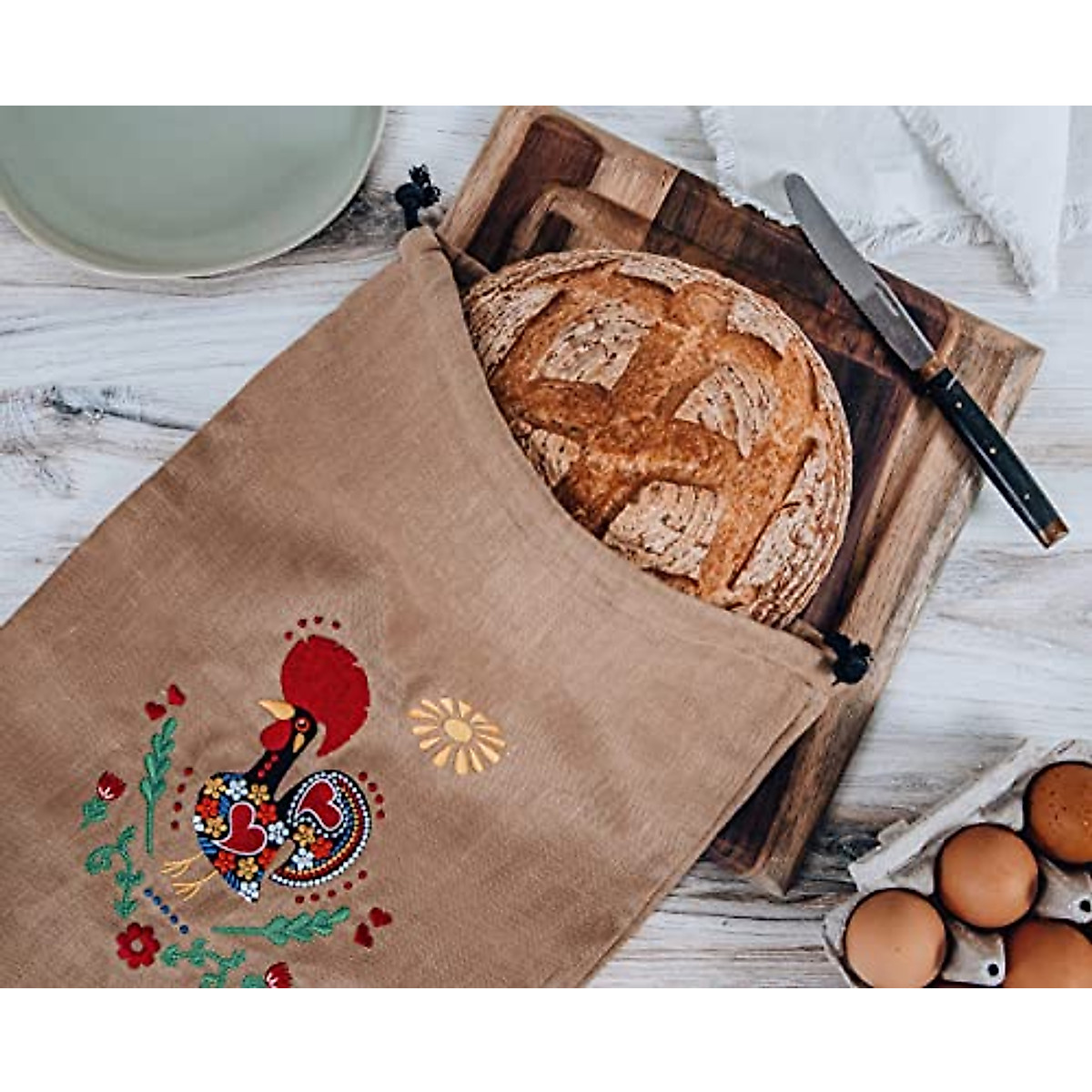 Artisan Linen Bread Bags, Embroidered Set of 2 Large Reusable Bread Bags for Homemade Bread with Drawstring - Gifts for Bakers - Rooster Gifts for Women