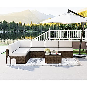 HOMPUS 7-Piece Outdoor Handwoven PE Rattan Wicker L-Shaped Corner Conversation Set Furniture Brown Patio Sectional Sofa Set w Beige Seat Cushions, Glass Coffee Table for Garden,Yard,Pool