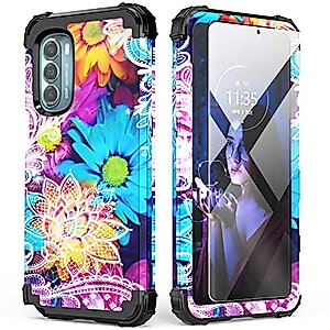 Moto G Stylus 5G 2022 Case With Tempered Glass Screen Protector,IDweel 3 in 1 Shockproof Slim Fit Hybrid Heavy Duty Protection Hard PC Cover Soft Silicone Rugged Bumper Full Body Case for Girl,Flower
