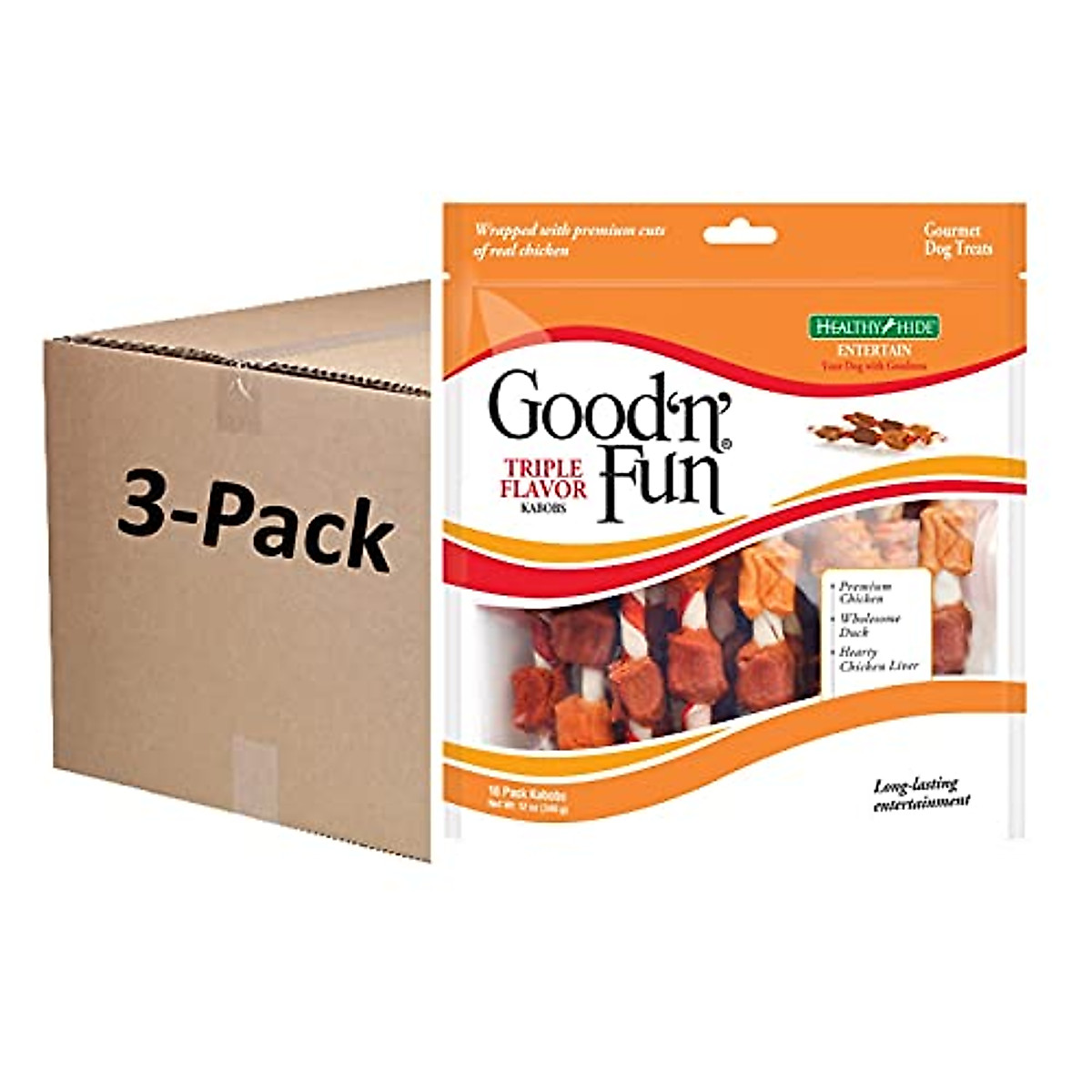 Good'n'Fun Triple Flavored Rawhide Kabobs for Dogs, 12 Oz (3 Pack)