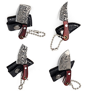 Pletpet 4 Pieces Mini Damascus Pocket Knife Set, Tiny Kitchen Chef Knife Set Portable Small Keychain Pocket Knife Cleaver for Package Opener Box Cutter Letter Opener