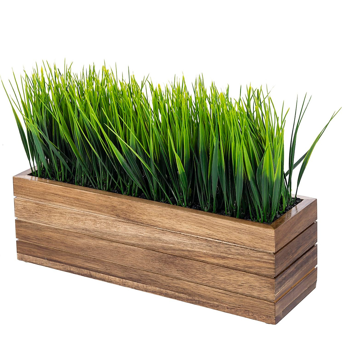 MyGift 14 Inch Artificial Green Grass Plant in Solid Acacia Wood Planter Window Box, Faux Greenery in Decorative Rectangular Crate Style Wooden Container