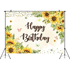 Aperturee 7x5ft Sunflowers Happy Birthday Backdrop Butterfly Gold Dots Girls Women Sweet 16th Bday Photography Background Party Decorations Photo Booth Studio Props Banner Supplies Cake Table