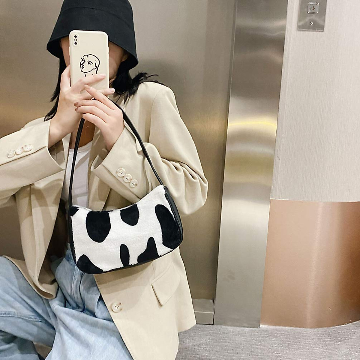 VALICLUD Shoulder Bag for Women Mini Furry Handbag Underarm Purse Cow Print Clutch Bag Faux Fur Purse