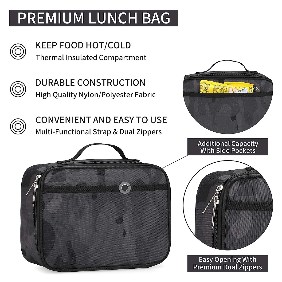 rickyh style Lunch Box with Padded Liner, Spacious Insulated Lunch Bag Durable Thermal Lunch Cooler Pack with Strap for Men Women Boys Girls Adults School Sports Beach Picnic Work Camp,2 Pocket