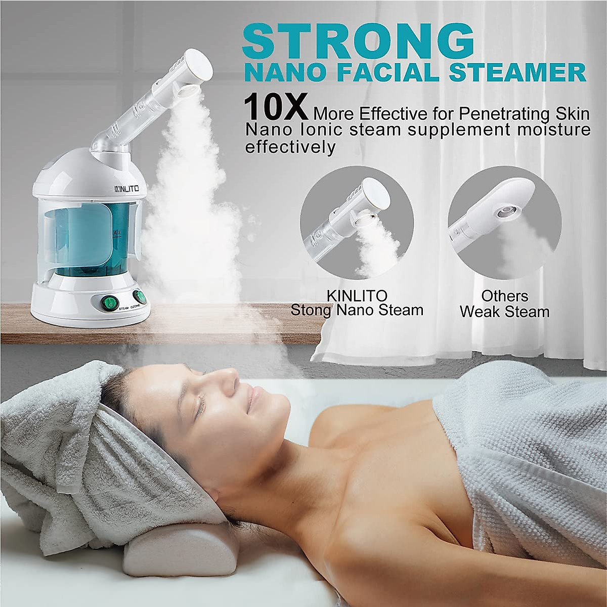 KINLITO Facial Steamer - Ozone Steamer with 360° Rotatable Arm - 40 Min Steam Time - Humidifier - Unclogs Pores - Blackheads - Portable Facial Steamer for Personal Care Use at Home or Salon,White