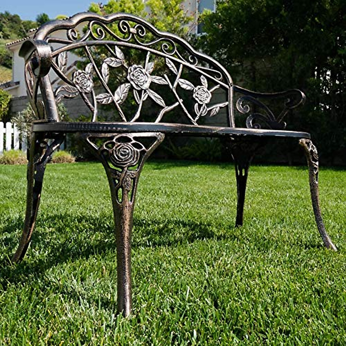 Payhere Garden Benches for Outdoor, 39.7 in Antique Designed Metal Rose Carving Front Porch Bench, Cast Iron Cast Bronze Frame Antique Finish, Durable Patio Park Decor Leisure Bench for 2 Person Seat