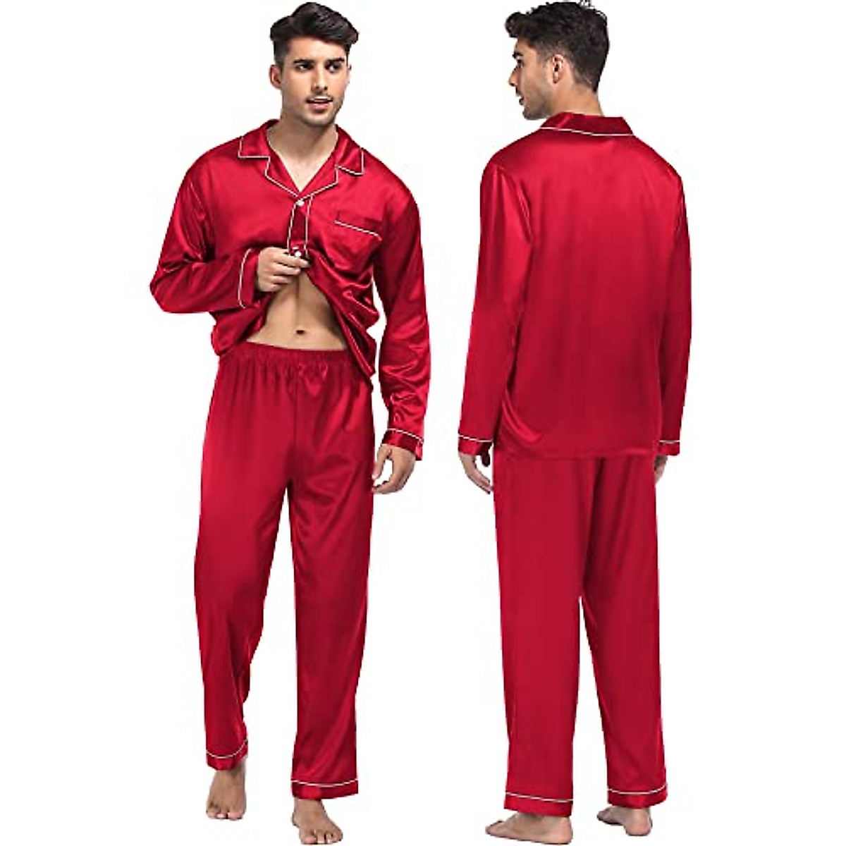 SWOMOG Womens Silk Satin Pajamas Set Long Sleeve Sleepwear Button-up Pjs Gifts Nightwear 2pcs Loungewear Red
