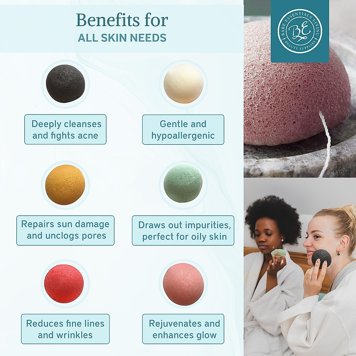 Bare Essentials Living - Konjac Sponges Set (12 Pack) with Activated Bamboo Charcoal Facial Sponge, Natural Sponge, Great for Facial Sponges, Bath Sponge, Beauty Sponge, and Exfoliating Body Sponge