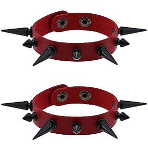 FM FM42 Women Red PU Simulated Leather Black-tone Long and Short Rivets Spike Spiked Punk Gothic Adjustable Bracelet, Pack of 2