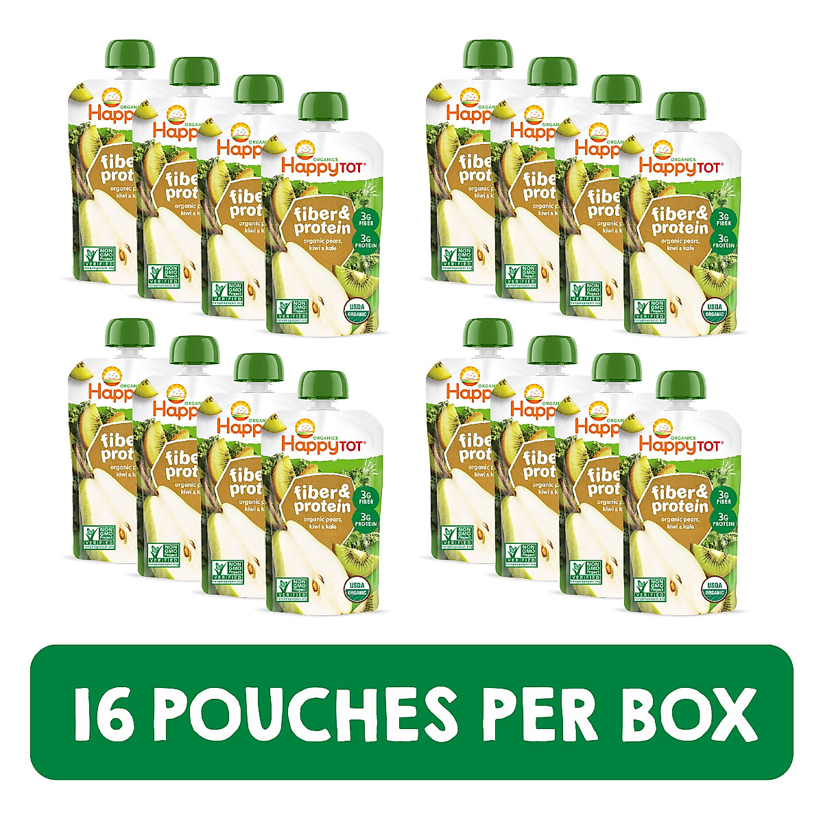 Happy Tot Organics Stage 4 Baby Food Pouches, Gluten Free, Vegan Snack, Fiber & Protein Fruit & Veggie Puree, Pears, Kiwi & Kale, 4 Ounce (Pack of 16)