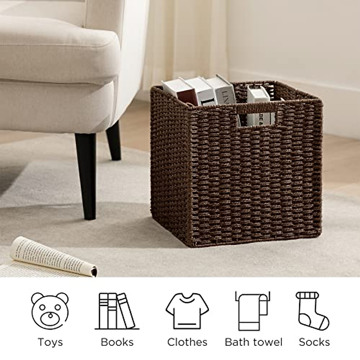 UBBCARE 3 Pack Wicker Basket, 11.8L×11.8H×11W inch Woven Paper Rope Storage Baskets for shelves, Foldable Cube Storage bin with Handle, Storage Basket for Organizing & Decor, Brown