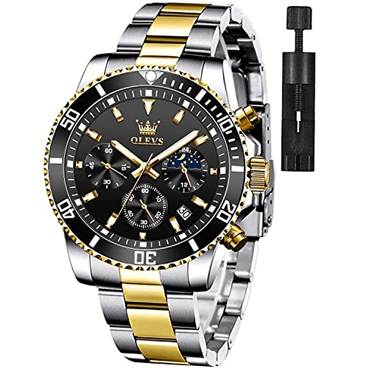 OLEVS Black Gold Watches for Men Classic with Date Business Dress Chronograph Big Face Reloj para Hombre Waterproof Luminous Mens Wrist Watch Analog Party Fashion Stainless Steel Man Watch