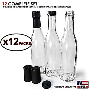 Woozy Bottles Empty 12.7 Oz Complete Sets of Premium Commercial Grade Clear Glass Dasher Woozy Bottle Shrink Capsule with Gold Tear Tab Leak Proof Screw Cap (Black 12 Sets) - 12 oz