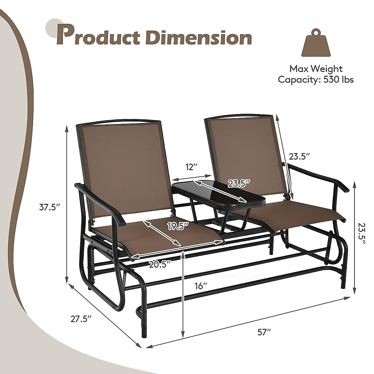 S AFSTAR 2-Person Outdoor Glider, Patio Glider Bench Chairs with Center Tempered Glass Table & Breathable Loveseat, Double Swing Glider Chair for Porch Garden Poolside Balcony Lawn (Brown)