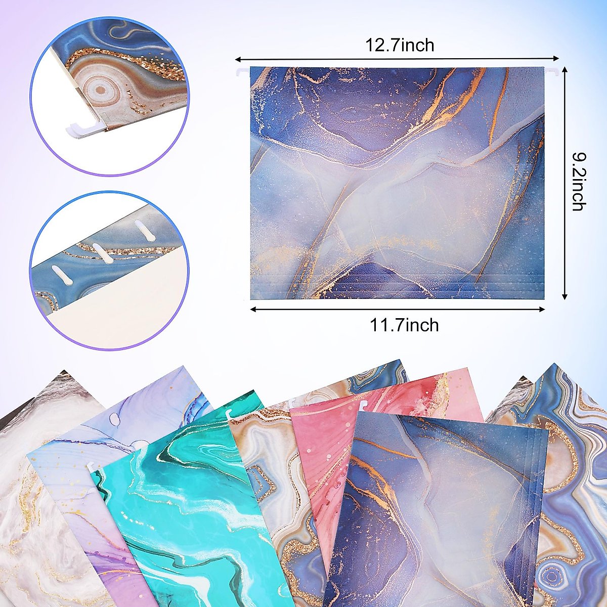 Qeeenar 30 Pcs Marble Hanging Folders with Foil Stamping Process, Including Adjustable Tabs and Inserts, Letter Size Decorative Hanging Filing Folders for Desk Office School and Home