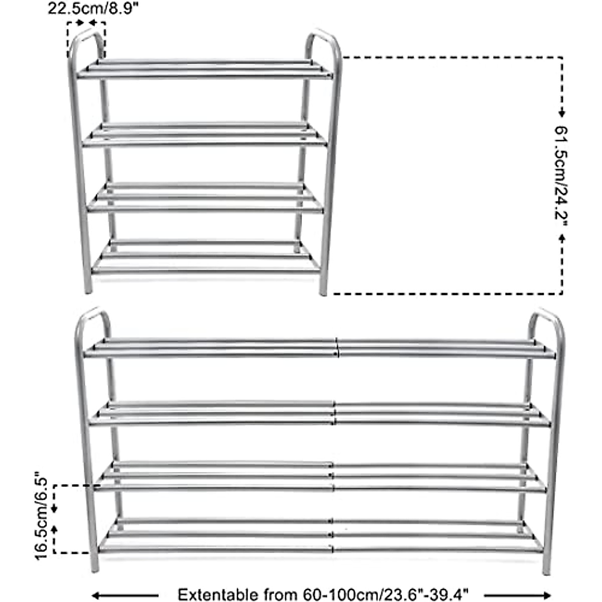 Gurkkst 4 Tier Extendable Long Shoe Rack for Closet Shoe Organiser Strong and Durable Heavy Duty Metal Shoe Shelf Holds 20+ Pairs (60-100) x 22,5 x 61,5 cm