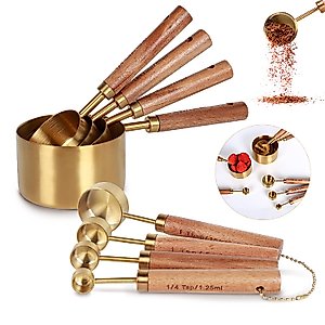 PrettyFine Collection 8 Piece Gold Measuring Cups Set and Measuring Spoons, Golden With fragrant wood Handles-Complete Set of Measure Cups and Spoons For Cooking and Baking.…
