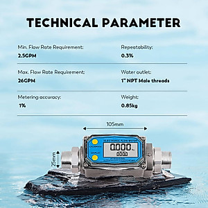 CGOLDENWALL 1-inch Water Meter, Stainless Steel Fuel Meter, Digital Liquid Flowmeter with Two NPT Adapters, Turbine Inline Flow Meter for Diesel Kerosene Gasoline, Required Liquid Flow Rate 2.5~26GPM