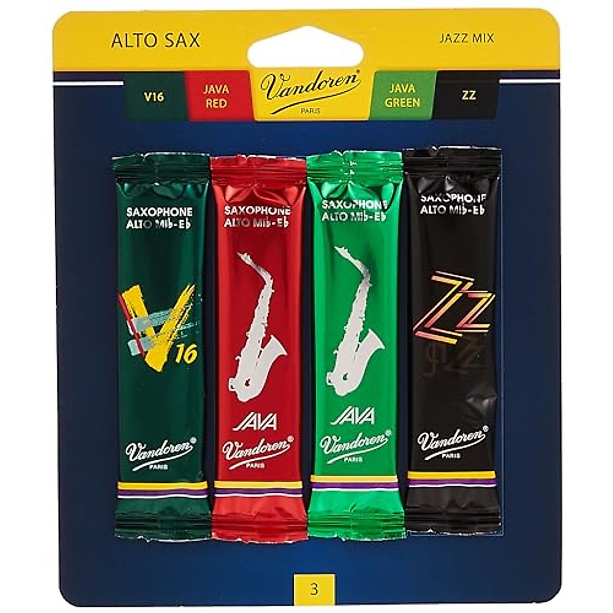 Vandoren SRMIXA3 Alto Sax Jazz Reed Mix Card includes 1 each ZZ, V16, JAVA and JAVA Red Strength 3
