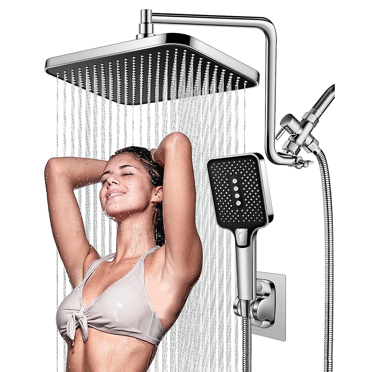 Rain Shower Head with Handheld Combo, High Pressure 12 Inch Rainfall Shower Head with 4 Spray Handheld Shower Heads, Upgrade 12'' Shower Extension Arm for Adjust Up & Down Flexible, Stainless Steel