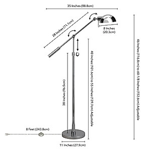 Henn&Hart Height Adjustable/Tilting Floor Lamp with Metal Shade in Polished Nickel, for Home, Living Room, Bedroom, Entertainment Room, Office, Kitchen, Dining