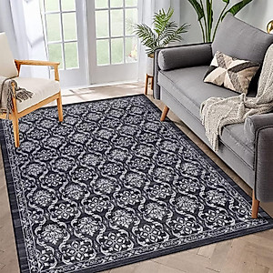 WESTLOOM 8x10 Area Rugs for Living Room Modern Floral Washable Rugs Non Slip Large Bedroom Rug Vintage Trellis Print Rug Durable Indoor Farmhouse Nursery Home Office Floor Cover Accent Rug Black