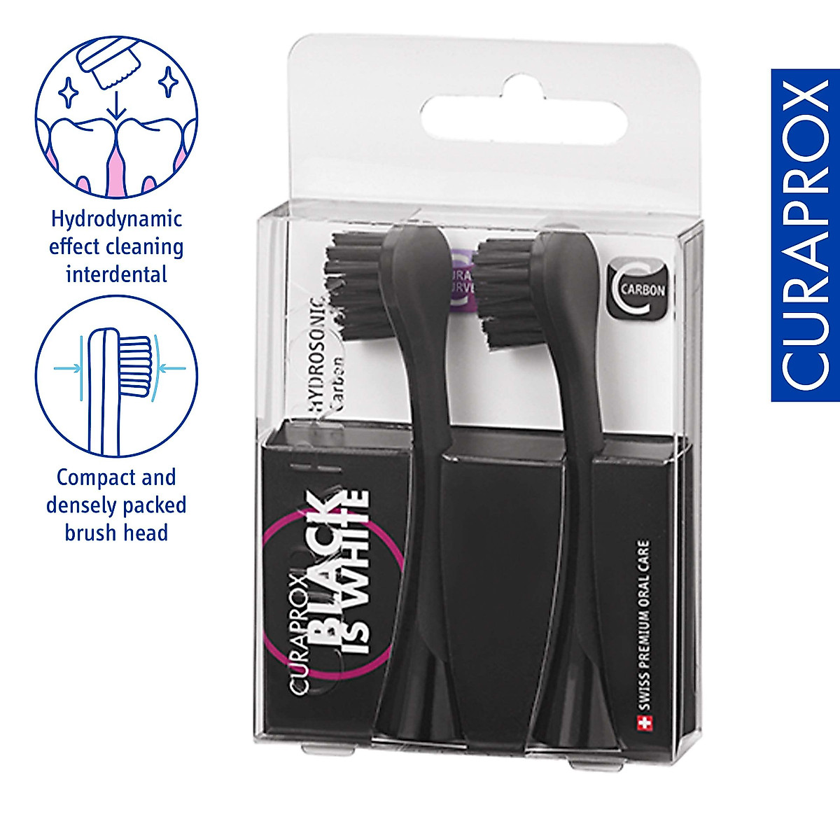 Curaprox Hydrosonic Black is White Activated Charcoal Electric Toothbrush Replacement Heads (2 Pack)