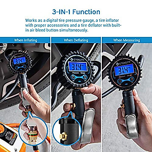 Etekcity Digital Tire Inflator with Pressure Gauge Air Chuck and Compressor Accessories Heavy Duty Brass with Rubber Hose Quick Connect Couple Leakproof 250 PSI 0.1