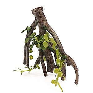 HRRIVE Reptile Corner Climbing Branch with Plant Leaves Terrarium Habitat Decoration for Bearded Dragon Lizard Snake Hermit Crab Crested Gecko Leopard Chameleon Frog Climbing Accessory