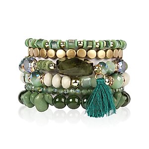 RIAH FASHION Coin Bead Multi Layer Versatile Statement Bracelets - Stackable Beaded Strand Stretch Bangles Sparkly Crystal, Tassel Charm (Green)