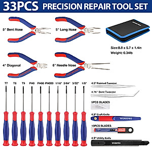 WORKPRO 33PCS Precision Repair Tool Set Includes Pliers Set, Screwdrivers Set, Craft & Utility Knife, Tweezers, Electronic Repair Tool Kit with Pouch for Laptops, Phones, Computer & Gaming Accessories