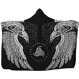 BURNAR Viking 3D Printed Hooded Blanket Warm Soft Viking Raven Celtic Runes Unisex Winter Wearable Hooded Blanket Double Thick Plush Fleece Blanket Cape (Color : Blanket, Size : 50x60in/130x150cm)