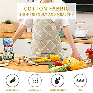 Tosewever 2 Pieces Cotton Linen Waterproof Bib Kitchen Apron with Pockets - Long Ties Adjustable Neck Strap - Unisex BBQ Cooking Drawing Crafting Aprons for Women Chef (Grey/Green, 2)