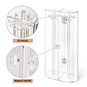 Acrylic Necklace Holder, Clear Necklace Organizer with 24 Hooks, Dustproof Rotation Jewelry Storage Holder Stand, Long Necklaces Pendant Bracelets Display Case for Dresser Bathroom Vanity Countertop