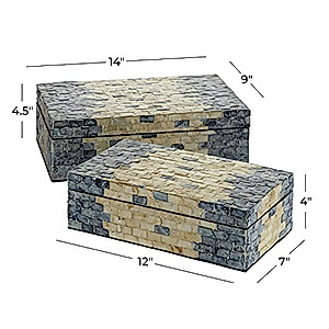 Deco 79 Mother of Pearl Handmade Box with Hinged Lid, Set of 2 14", 12"W, Blue