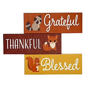Fall Decorating Grateful Thankful Blessed Wood Block Signs – 3-Piece Fall Decor Set, Thanksgiving & Friendsgiving Decorations, Autumn Tiered Tray Accents