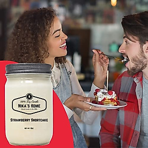 Nika's Home Strawberry Shortcake, Soy Candle 12oz Mason Jar Non-Toxic White Soy Candle-Hand Poured Handmade, Long Burning 50-60 Hours Highly Scented All Natural, Valentines Day Gifts