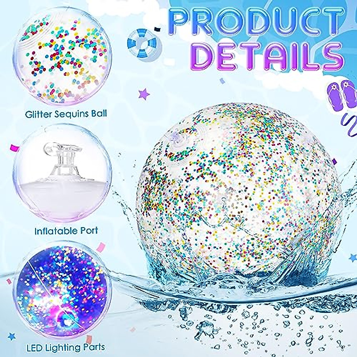 Libima 48 Pcs LED Inflatable Beach Ball 12 in Clear Confetti Glitter Beach Balls Glow in The Dark Ball Swimming Pool Ball Toy Light up Beach Balls for Summer Beach Pool and Party Favor (Colorful)