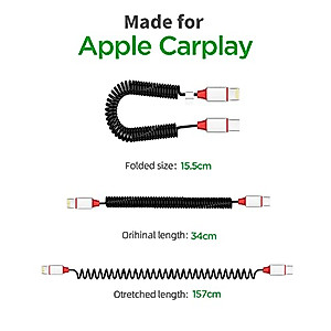 AICase Coiled USB-C to Lightning Cable for Apple CarPlay,Expansion Spring Coiled Cable,PD Type C Scalable Charging Cable for iPhone 14/13/13 Pro 12 Pro Max 12 11 X XS XR 8 Plus,AirPods Pro