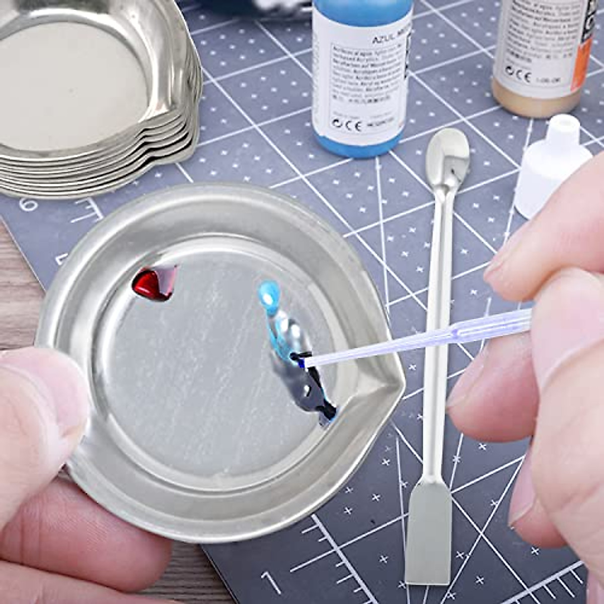 Honbay 12PCS Small Paint Tray Paint Mixing Palette 2PCS Metal Paint Stirrers and 10PCS Clear Plastic Droppers for Airbrush Paint Mixing Model Painting and DIY Art Craft