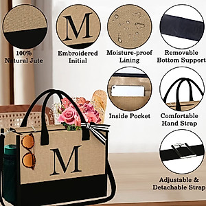 YOOLIFE Initial Tote Bag for Women - Jute Tote Bag with Makeup Bag for Friends Mom Bride Bridesmaid Teacher Appreciation Gifts Letter T Beach Tote Bag with Zipper Personalized Gifts for Wedding