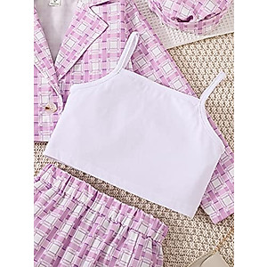 SOLY HUX Girl's Plaid Print Cami Crop Tops and Bodycon Mini Skirt with Blazer Outwear & Hat 4 Piece Outfit Purple and White 9Y