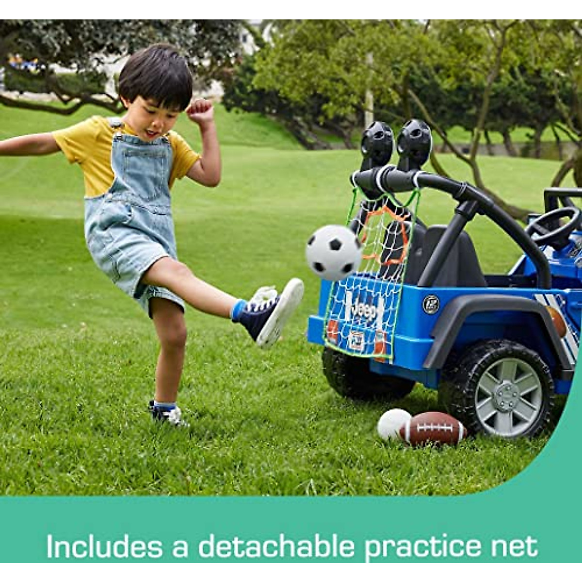 Power Wheels Ride-On Toy Gameday Jeep Wrangler Battery-Powered Vehicle with Sounds, Sports Net & 3 Balls, Preschool Kids Ages 3+ Years​